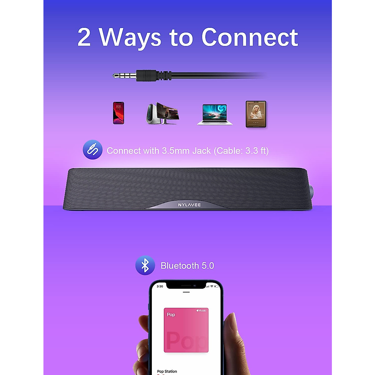 Computer Speakers, HiFi Sound Quality Computer Sound Bar, USB Powered PC Speakers, Bluetooth 5.0 and 3.5mm Aux-in Computer Speakers for Desktop, Laptops, PCs, Phones, Tablets, Xbox, Gaming Speakers