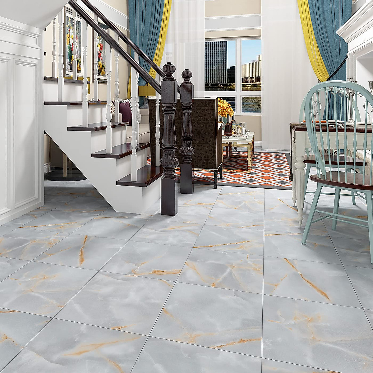 FunStick Grey Gold Marble Peel and Stick Floor Tile 12 x 12 Inch 15 Pack Self Adhesive Vinyl Flooring Peel and Stick Tiles for Floor Waterproof Kitchen Bathroom Bedroom Removable Floor Tile Stickers