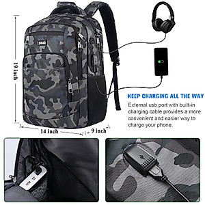 Paude 17 inch Travel Business Backpack for Men,College Backpack School Bookbag for Teens,Laptop Bookbag with USB Port and Headphone Hole,Camouflage Black
