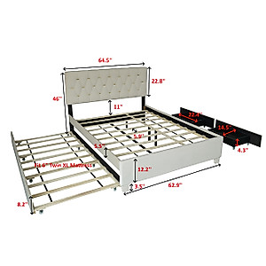 Harper & Bright Designs Beige Queen Platform Bed with Twin XL Trundle & 2 Storage Drawers, Velvet Upholstered Queen Storage Bed Frame with Headboard, No Box Spring Required