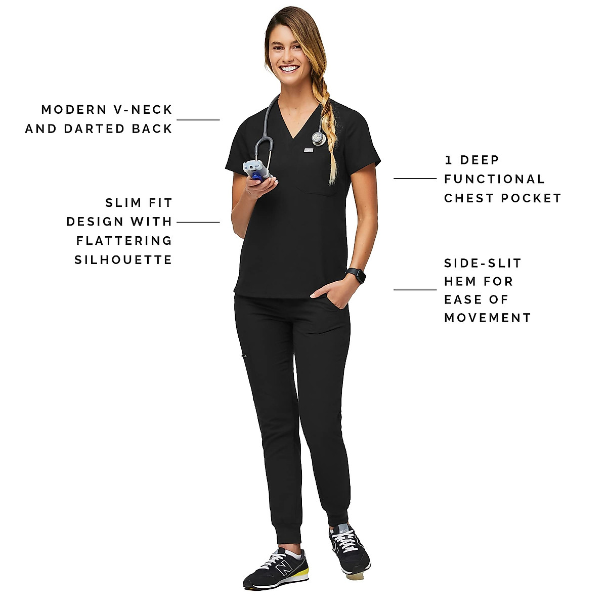 FIGS Catarina One-Pocket Scrub Top for Women — Black, S
