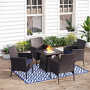 MFSTUDIO 28 Inch Propane Gas Fire Pit Table & Wicker Chairs Furniture Set with Blue Fire Glass, Multi-Function Outdoor Patio Conversation Set, 50,000 BTU, CSA Certification