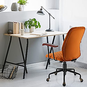 COSTWAY Orange Velvet Office Chair, Upholstered Home Leisure Chair with Rubber Wood Armrests & 5-Claw Metal Base, Vintage Mid-Back Computer Desk Chair for Adult, Home, Office, Study