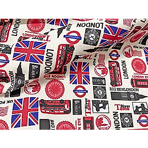 AMORNPHAN 45 Inch London British Big Ben Bus Great England United Kingdom UK England Flag Country Printed Cotton Fabric for Patchwork Needlework DIY Handmade Sewing Crafting Home Decoration For 1 Yard