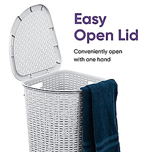 Plastic Corner Laundry Hamper with Lid, Curved Designed Laundry Basket, 2 Pack White Smoke Cloths Hamper Organizer with Cut-out Handles for Laundry Room Bedroom Bathroom, Wicker Design, 50 Liter