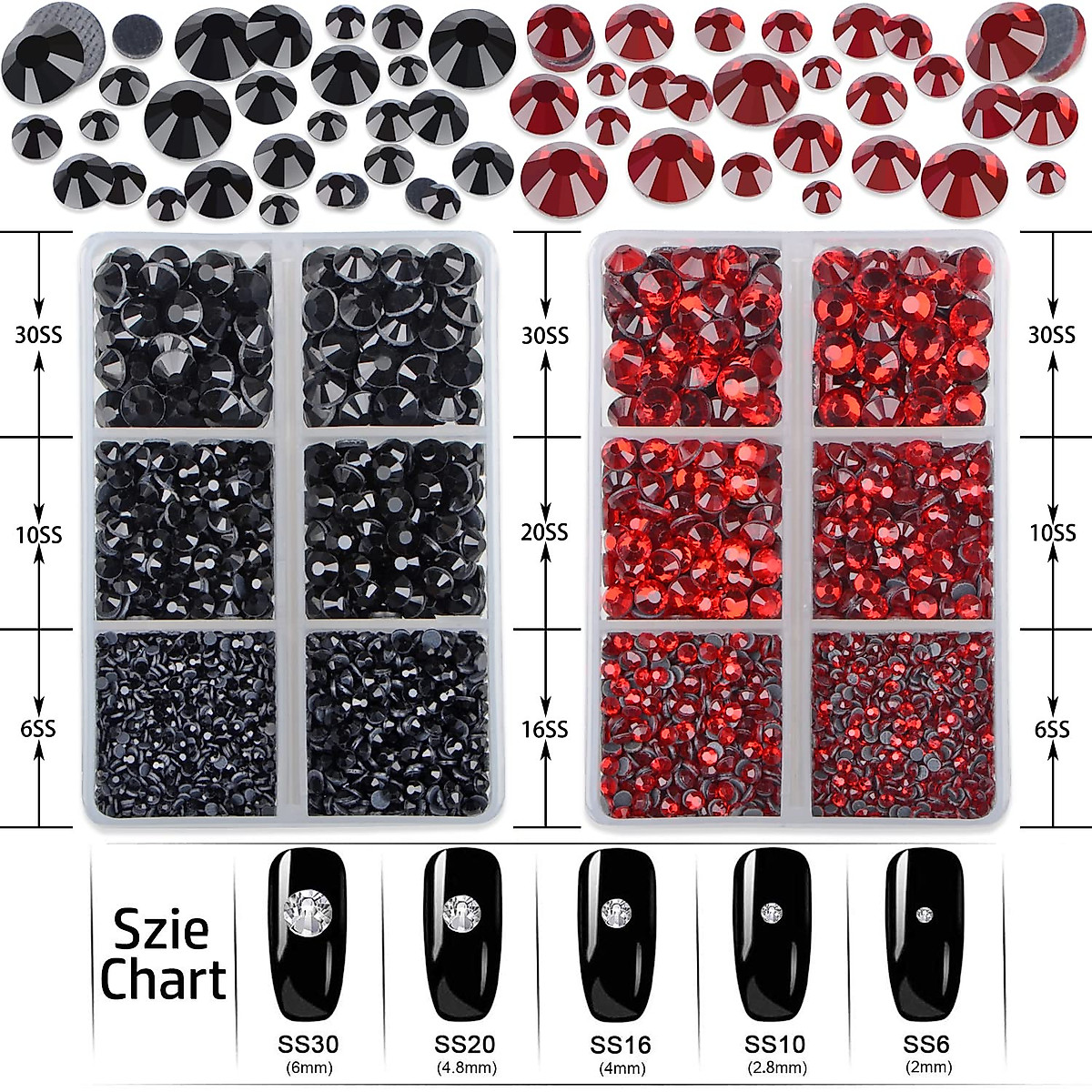 LPBeads 6400 Pieces Black and Red Hotfix Rhinestones Flat Back 5 Mixed Sizes Crystal Round Glass Gems with Tweezers and Picking Rhinestones Pen