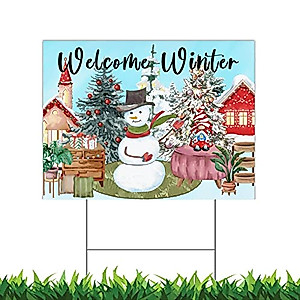 Lawn Garden Sign Christmas Welcome Winter Snowman Lawn Signs with H Stakes Motivational Quotes Happy New Year for Garage Sales Rent Open House Construction 12"x18"