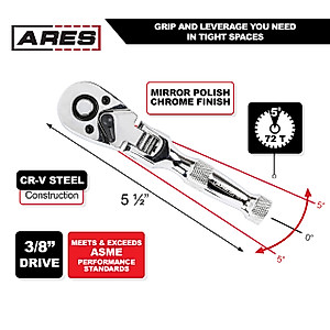 ARES 42044 - Flex Head Stubby Ratchet - 3/8-Inch Drive 72-Tooth Ratchet - Premium Chrome Vanadium Steel Construction & Mirror Polish Finish - Quick Release Reversible Direction Head Design