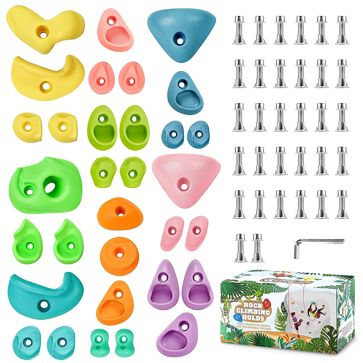 TOPNEW 32 Rock Climbing Holds Multi Size for Kids, Adult Rock Wall Holds Climbing Rock Wall Grips for Indoor and Outdoor Playground Play Set