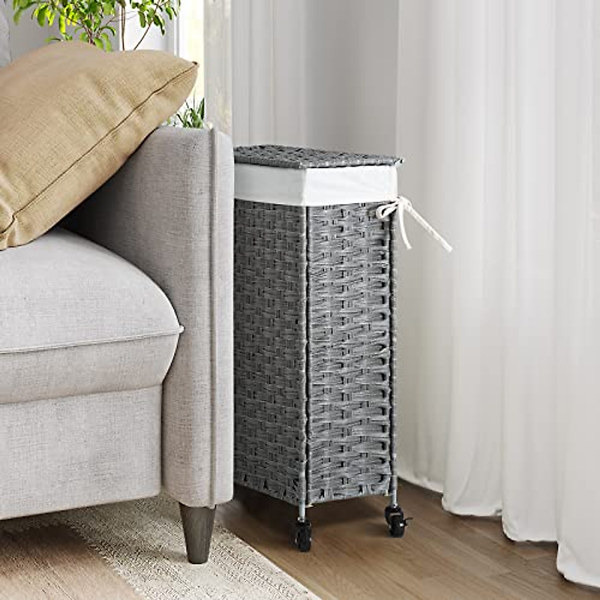 Chrislley 53L Slim Handwoven Rattan Laundry Hamper with Lid Rolling Laundry Basket with Removable Liner Bags Foldable Hampers with Wheels（Grey）