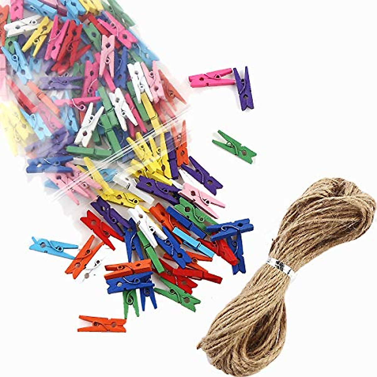 DIYASY 120 Pcs Mini Colored Wood Clothespins,1 Inch Craft Clips Photo Paper Peg Pin with Jute Twine for Photo and Picture Hanging.