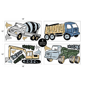 Sweet Jojo Designs Construction Truck Large Peel and Stick Wall Decal Stickers Art Nursery Decor - Set of 4 Sheets - Grey Yellow Black Blue and Green Transportation Zone Vehicles