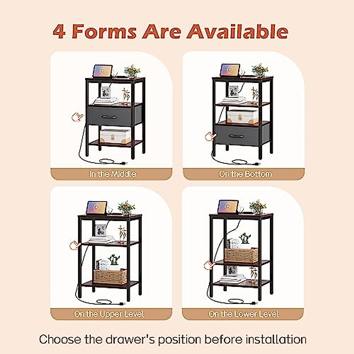 SUPERJARE Nightstand with Charging Station, Bed Side Table with Adjustable Fabric Drawer, Night Stand for Bedroom, 3-Tier Storage End Table, for Living Room - Walnut