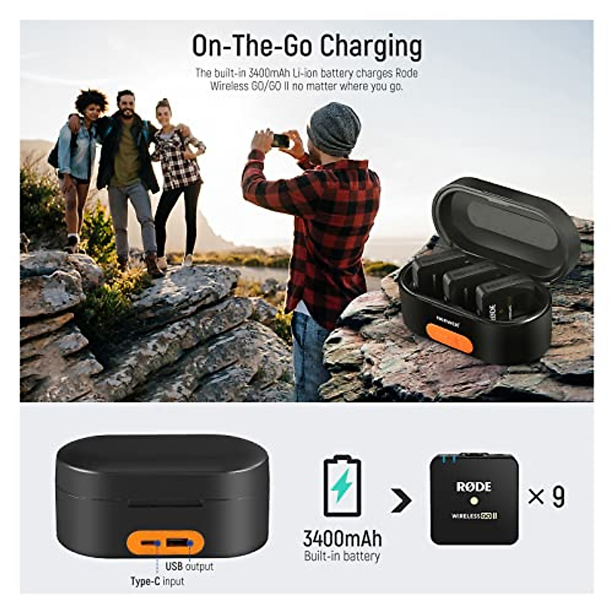 NEEWER Wireless Charging Case Compatible with Rode Wireless GO Wireless GO II, 3-Channel PD Fast Charging Portable Charger with Type-C, Built-in 3400mAh Battery for Compact Wireless Microphone System