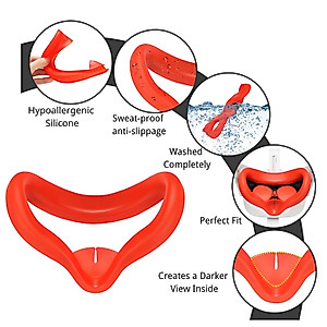 VR Face Silicone Cover Mask Combo with Protective Lens Cover for Quest 2 Headset Face Pad Cushion Accessories Set Sweatproof Lightproof by X-super Home (Red, Oculus Quest 2)