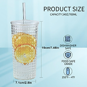 Birity Glass Cups With Lids and Glass Straws,24oz High Borosilicate Glass Tumbler Iced Coffee Smoothie Soda Water Tea Cup-Wide Mouth Reusable Mason Jar Drinking Glasses Travel Mug, Clear