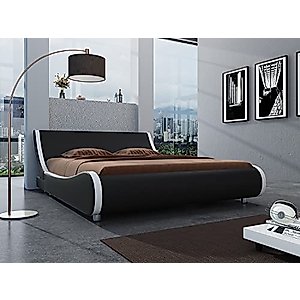 SHA CERLIN Modern Low Profile Platform Bed Frame Full Size, Stylish Faux Leather Upholstered Sleigh Bed with Adjustable Headboard, No Box Spring Needed, Black & White