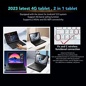 2 in 1 Tablet, 10.1 Inch Android 12 Tablet with Keyboard, 6GB RAM 128GB ROM, Octa Core Processor, FHD Touchscreen, 8+16MP Dual Camera, 5G WiFi, BT 5.0, 4G Network, 7000mAh Battery (Silver)