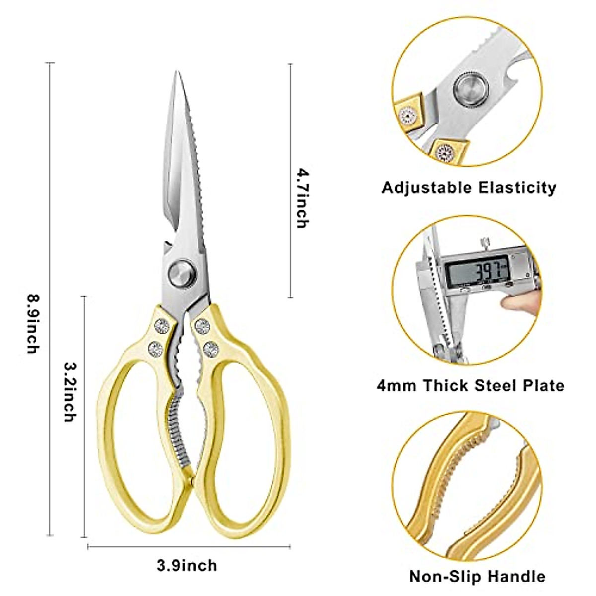 AWinjoy Kitchen Scissors, Heavy Duty Sharp Kitchen Shears Dishwasher Safe,Gold Kitchen Accessories Cooking Shears for Kitchen Meat Chicken Fish Poultry Herb Bread (Gold)