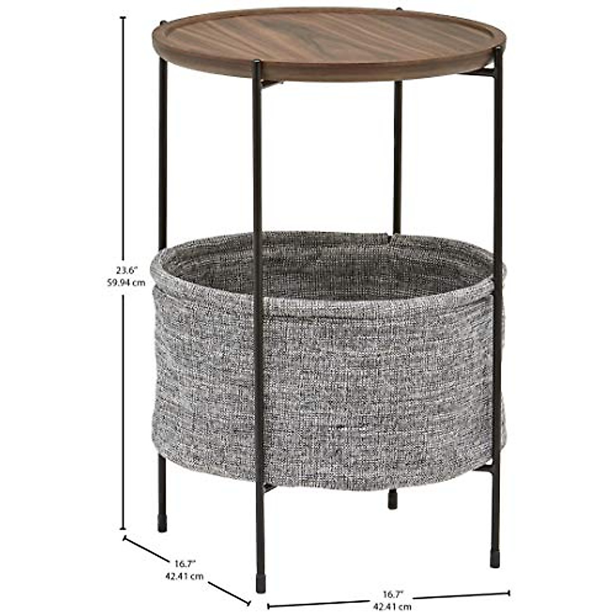 Amazon Brand – Rivet Meeks Round Side Table with Fabric Storage Basket, 24"H, Walnut and Grey