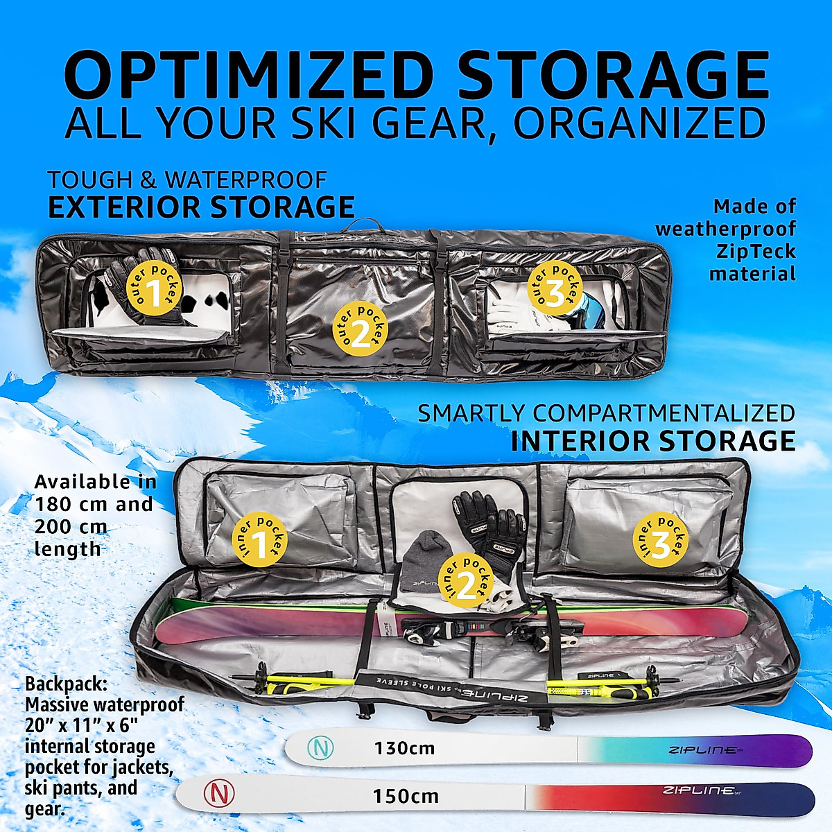 Zipline Ski Double Ski Bag with Wheels - Gear & Apparel Storage for Skiers - 180/200 cm Capacity - Durable & Waterproof Backpack - Proven Performance - 3 Yr Warranty - Ski & Snowboard Travel Bag
