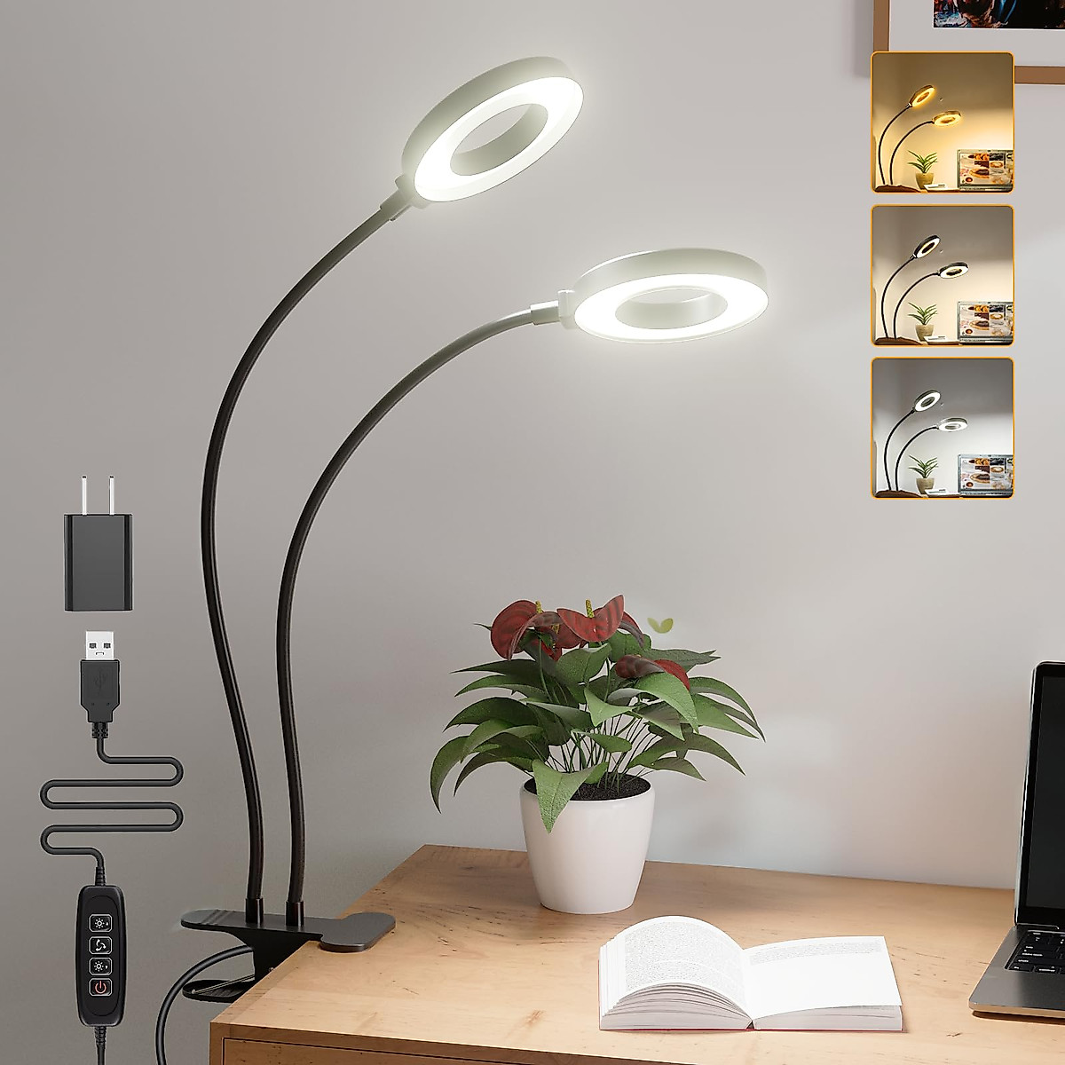 AWLYLNLL LED Desk Lamp with USB Adapter, Eye-Caring Gooseneck Ring Light, 3 Modes 10 Brightness Adjustable 10W Desk Light for Makeup Reading Bed Headboard (Metal)