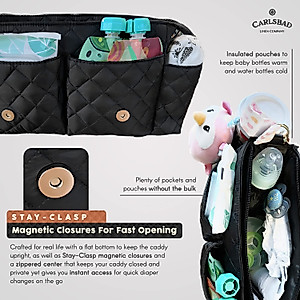 Carlsbad Linen Company Stylish Black Quilted Nylon Universal Stroller Caddy Organizer Cup Holder and Insulated Bottle Pouch 3 Strap Options Included Loose Fit Stable Velcro And Over the Shoulder