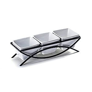 UNICASA Square Ramekin Bowls 10 oz, Condiment Serving Tray with Metal Rack Stand - Chips and Dips Snack Tray for Party - White Side Dish for Appetizer, Fruit, Nuts, Ice Cream, Candy