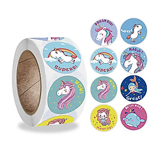 PMCDS2G Reward Stickers for Kids 1inch 500pcs Per Roll Unicorn Cartoon Design Easy Carried Incentive Sticker Supplies for Teachers and Mothers