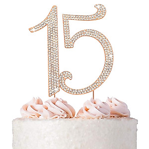 15 Cake Topper - Premium Rose Gold Metal - 15th Birthday or Anniversary Party - Sparkly Rhinestone Quinceanera Cake Topper Decoration Makes a Great Centerpiece - Now Protected in a Box