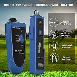 KOLSOL Underground Wire Locator, Cable Tester F02 Pro for Locate Wires, Locate Control Wires Cables Pet Fence Wires, up to 3-4 Feet Deep 2000 Feet Length, Equiped with Rechargeable 1100mAh Battery