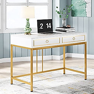 Tribesigns Computer Desk with 2 Drawers, 41.34” Modern Simple White and Gold Writing Desk with Storage Drawers, Makeup Vanity Console Table Study Desk for Home Office