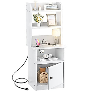 White Nightstand with Charging Station and USB Ports, 47" Tall Bedside Table with Adjustable Bookshelf, Industrial End Table Side Table with Storage Cabinet for Home Office, White