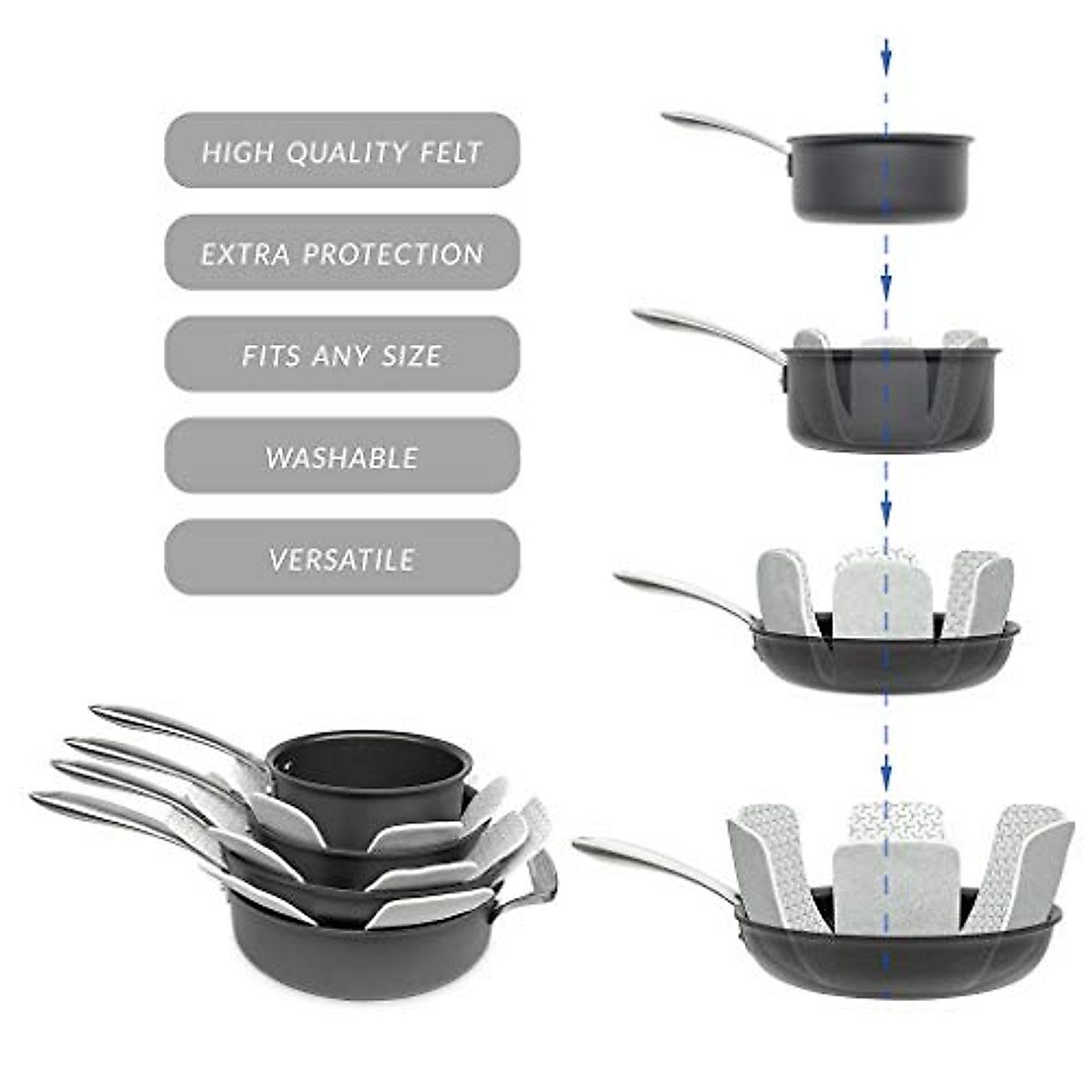 Pan and Pot Protectors - Set of 6-16" long - Cookware Protector Set/Pots and Pans Dividers/Pans Separator Anti-Slip to Avoid Scratching or Marring When Stacking