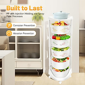 5 Tier Multi-Layer Kitchen Storage Rack, Rotating Storage Shelves Organizer,Floor Standing Storage Rack Basket Shelf Kitchen Storage Cart with Wheels Storage Basket for Living Room Kitchen (White)