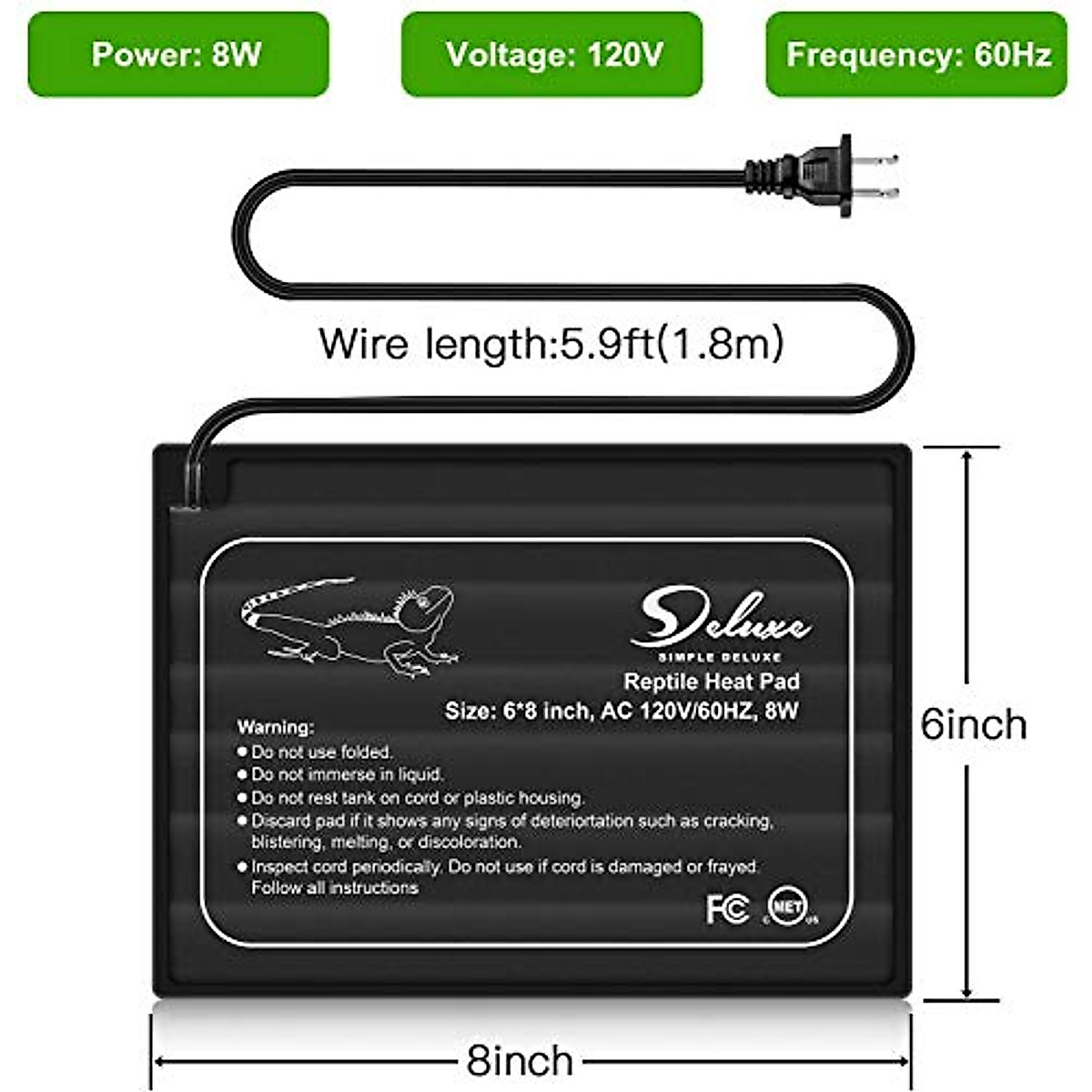 Simple Deluxe 6 X 8 Inch 8W Reptile Heating Pad with 2-Probe Digital Thermometer and Hygrometer Under Tank Heater Terrarium Warmer Heat Mat for Amphibians and Reptiles Pet, Black