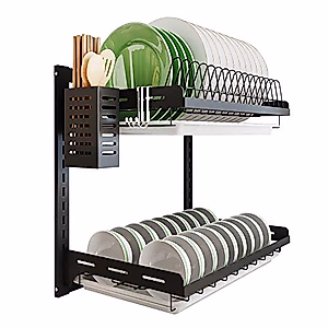 Kitchen Dish Rack,Hanging Drying Plate Organizer Storage Shelf over the Sink,junyuan 2 Tier Wall Mount Bowl Holder with Drain Tray With 3 Hooks,Stainless Steel Black Coating (2 Tier, 16)