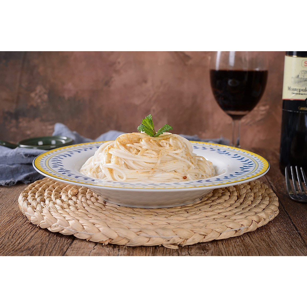 Braque Ceramic Pasta Plates 10oz, 8.5 in, Set of 6- Serving, Salad, Dinner Plate- Microwave, Oven & Dishwasher Safe, Scratch Resistant, No-Spilling Design Dinnerware- Kitchen Porcelain Dish-Olive Vine