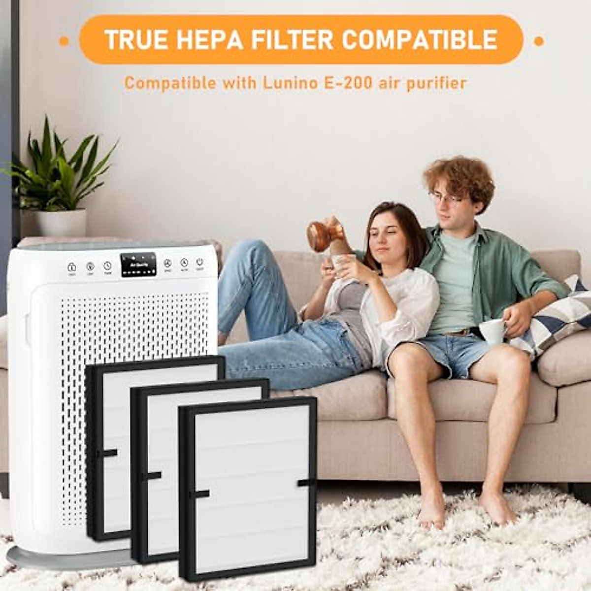 Allisfresh E-200 True HEPA Filter Replacement Compatible with Lunino E-200 Air Cleaner Purifier, 3-in-1 Filtration System with Activated Carbon Filter, 3 Pack White