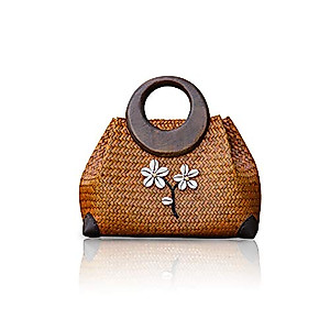 QTKJ Cute Hand-woven Straw Bag Boho Wooden Handle Handbag Women's Summer Beach Rattan Tote Travel Bag with White Flower (Gold)