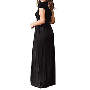 AUSELILY Women's Solid Plain Short Sleeve Round Neck Maxi Casual Long Dresses Black Large