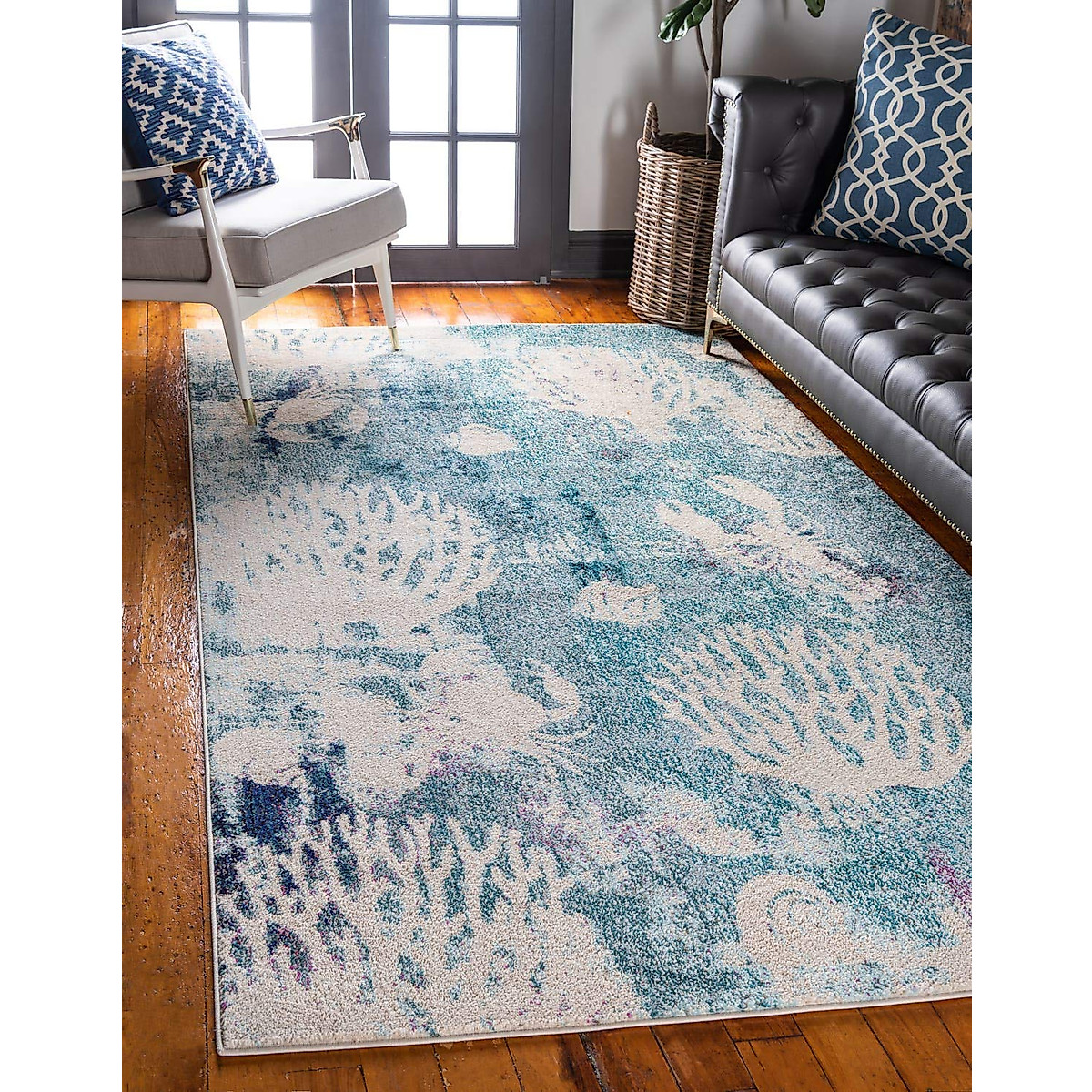 Unique Loom Positano Collection Coastal Modern Coral Lobster Shells Light Blue Area Rug (8' x 10')