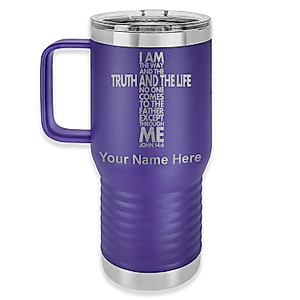 LaserGram 20oz Vacuum Insulated Travel Mug with Handle, Bible Verse John 14-6, Personalized Engraving Included (Dark Purple)