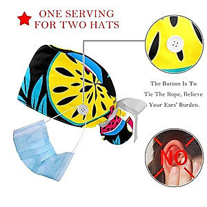 2-Pc Scrub Hats Women Bouffant Hats,Work Hat with Buttons and Cotton Sweatband,Tropical Colored Fruits