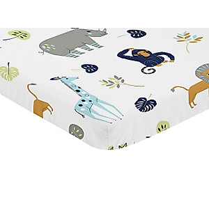 Sweet Jojo Designs Turquiose and Navy Blue Safari Animal Baby Boy or Girl Unisex Fitted Mini Portable Crib Sheet for Mod Jungle Collection - for Mini Crib or Pack and Play ONLY