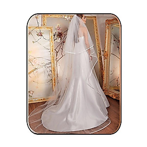 Unsutuo 2 Tiers Bride Wedding Veil Ivory Ribbon Cathedral Veil Bridal Tulle Veil for Women and Girls (Ivory)