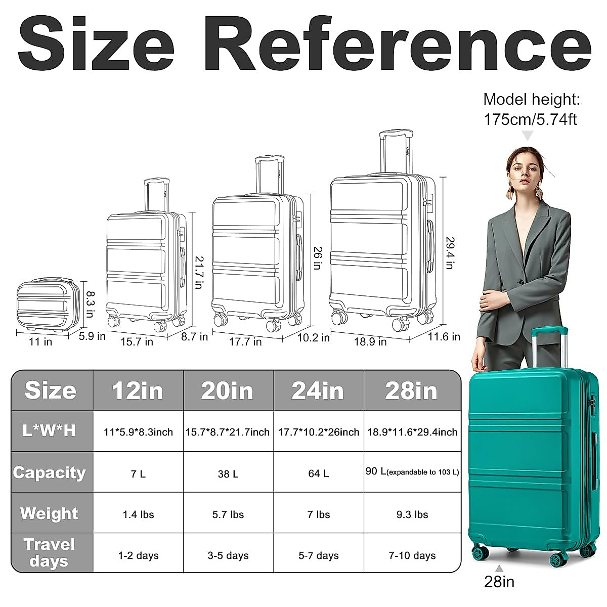 Kono 4 Piece Luggage Sets Expandable(only 28") Lightweight with Spinner Wheels TSA Lock Hardside Travel Rolling Suitcases 20in 24in 28in Carry on and 12in Mini Cosmetic Case Turquoise
