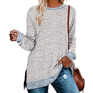 WELINCO Women's Long Sleeve Loose Casual Fall Pullover Side Split Tunic Tops Grey Large