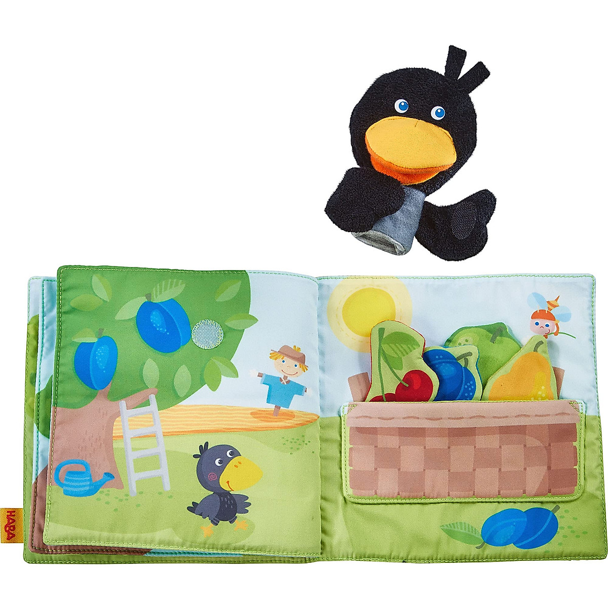 HABA Fabric Book Orchard with Raven Finger Puppet and Removable Fruit