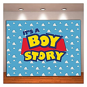 XLL 8x6ft Cartoon Boy It's a Story Photography Backdrop Birthday Party Photo Background Blue Sky White Clouds Backdrops Baby Shower Kids Hero Booth Studio Props, 8x6ft(240x180cm)